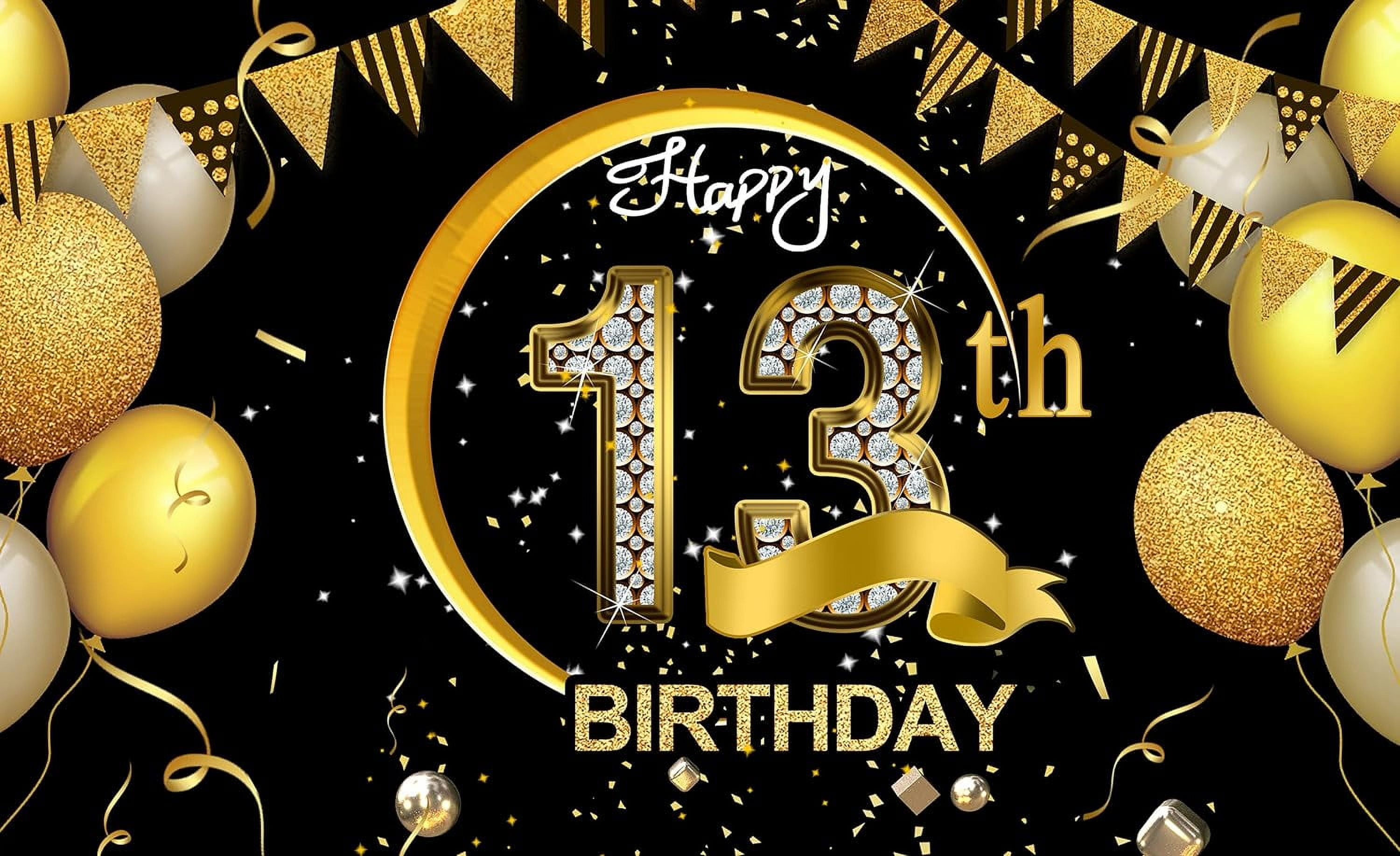 13th Birthday Backdrop Banner, Black Gold Happy 13th Birthday ...
