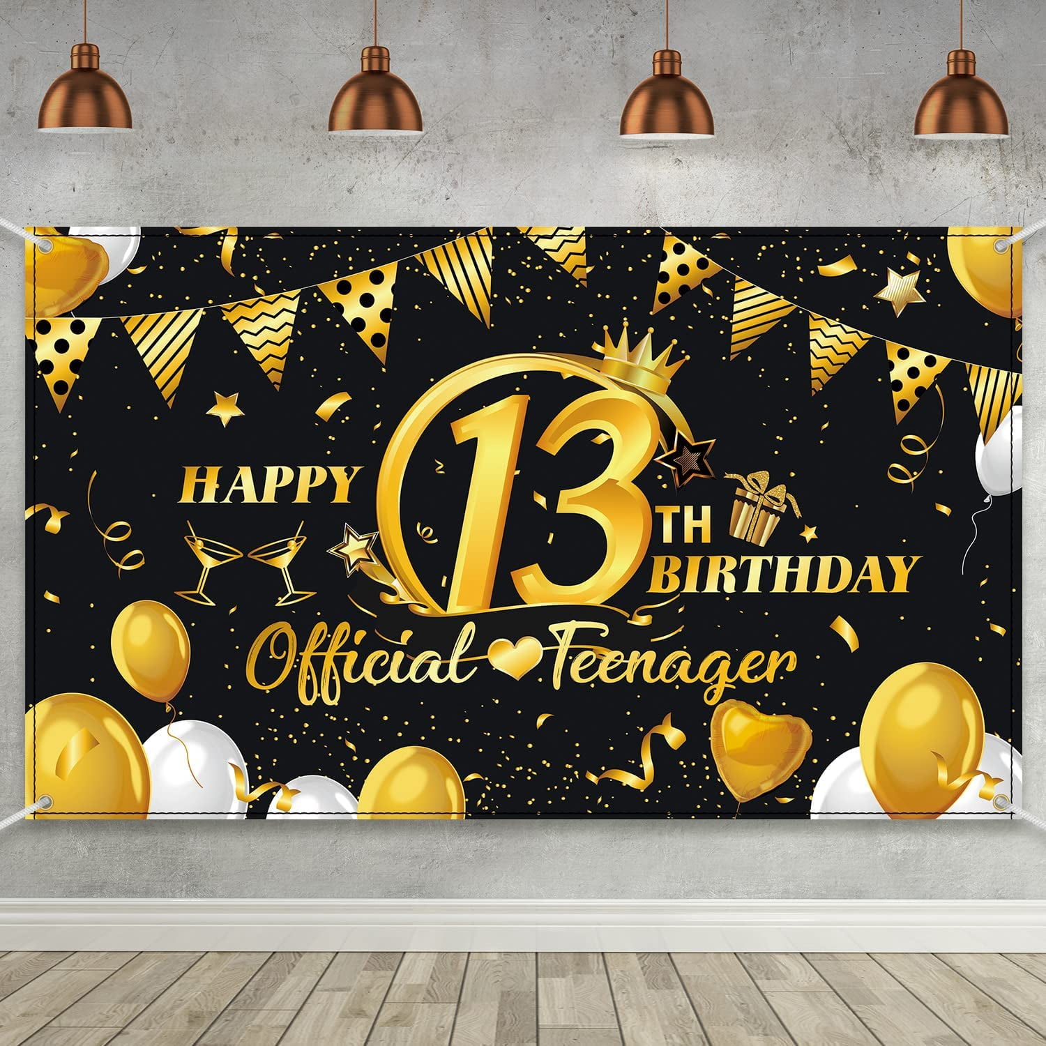 13th Birthday Black Gold Party Decoration, Extra Large Fabric Sign ...