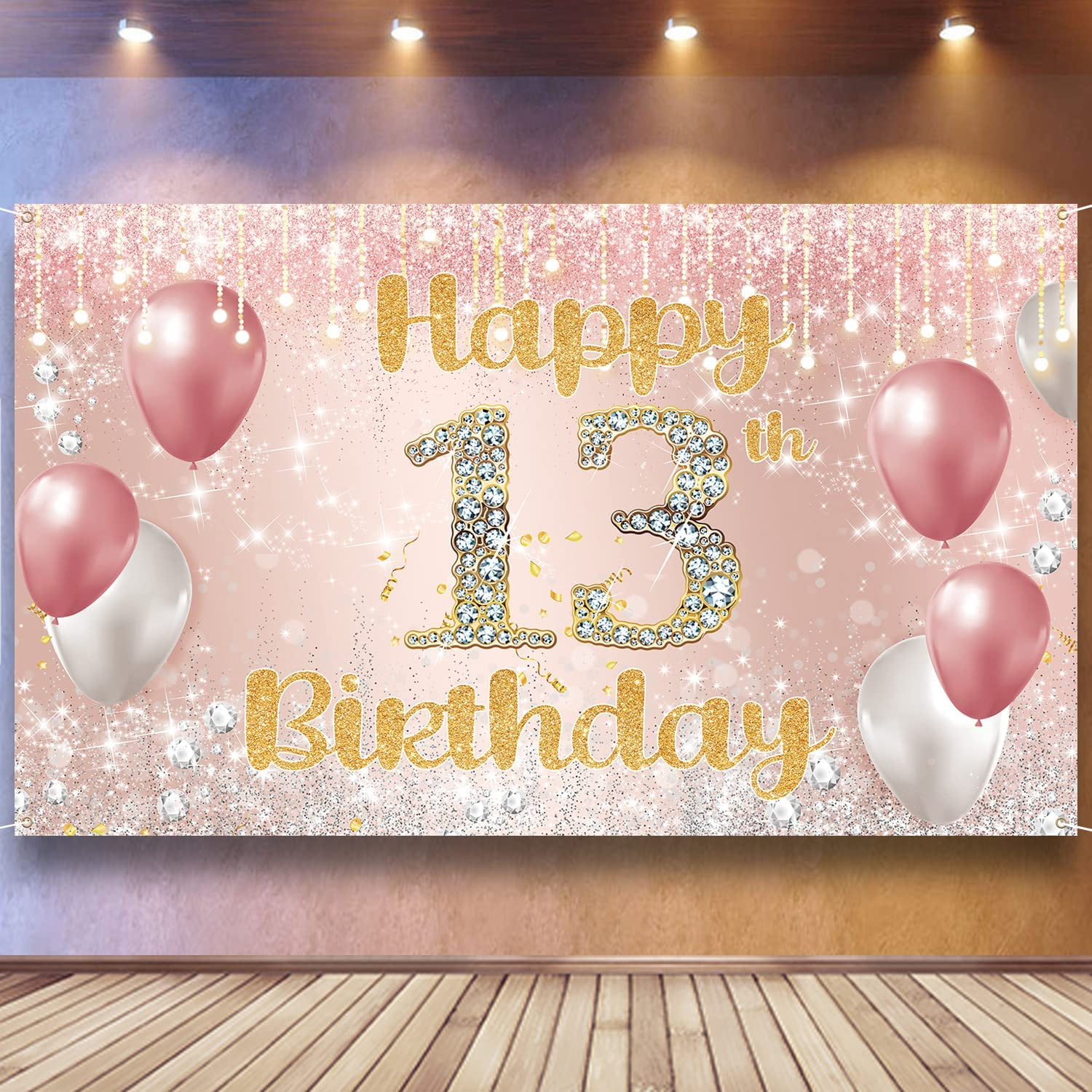 13th Birthday Decorations Backdrop Banner, Pink Rose Gold Happy 13th ...