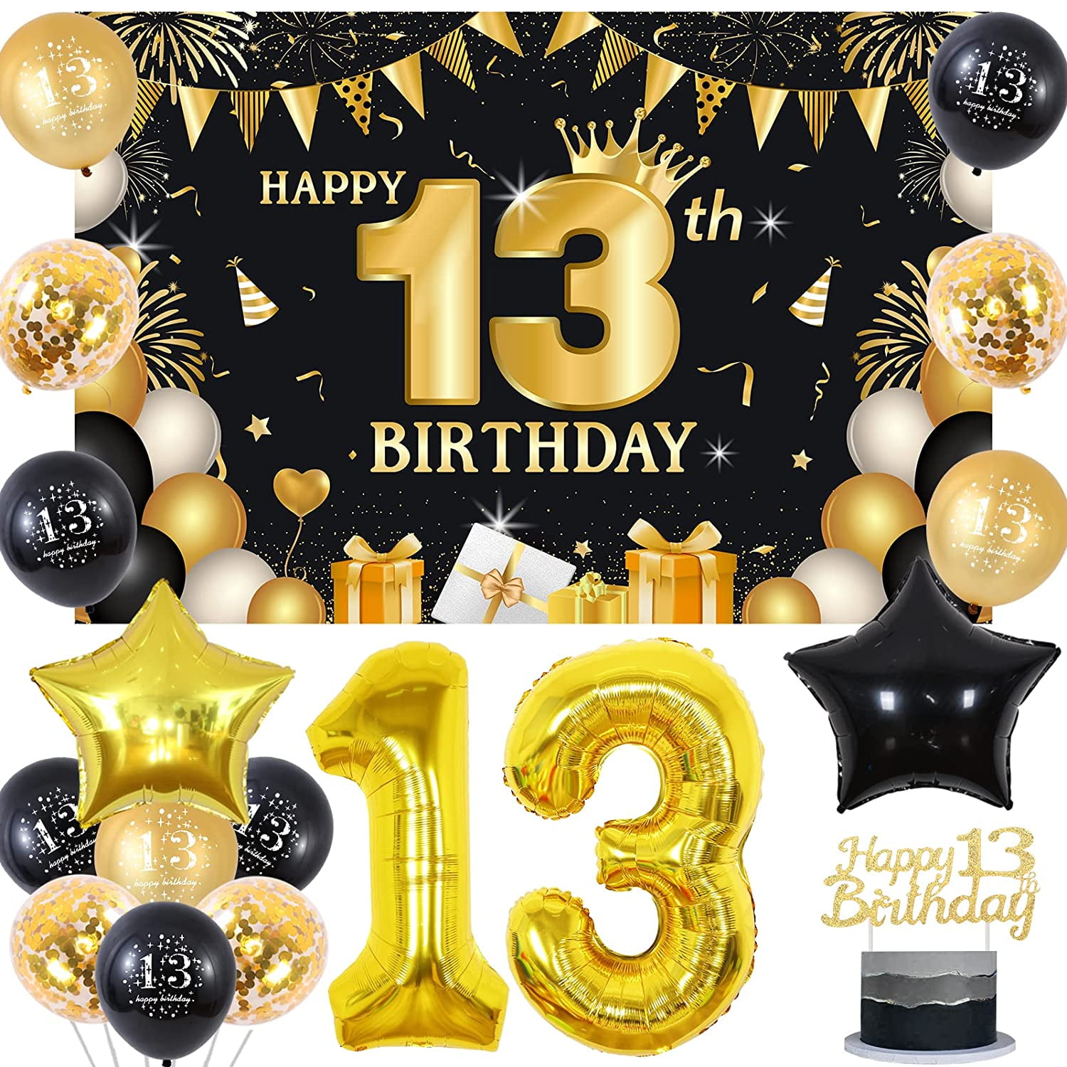 13th Birthday Decorations Black and Gold for Boys Girls, Happy 13th ...