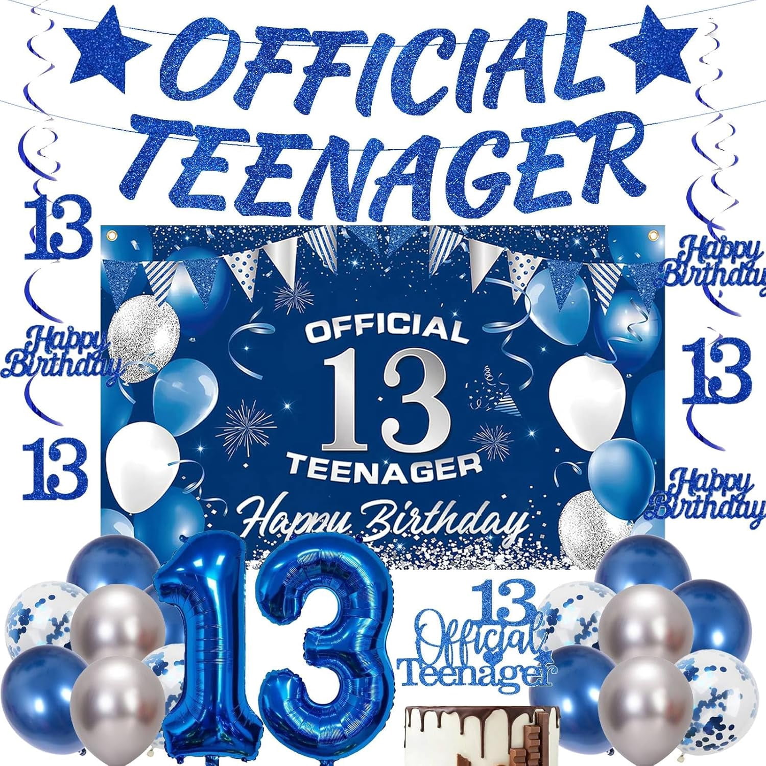 13th Birthday Decorations Blue Banner - 25 Pcs Official Teenager Banner ...