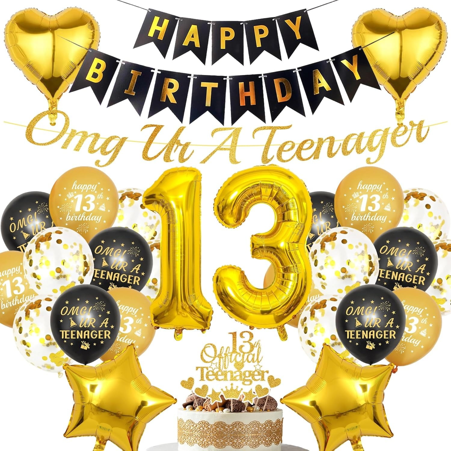 13th Birthday Decorations For Boys - Black Glod Happy Birthday Banner ...