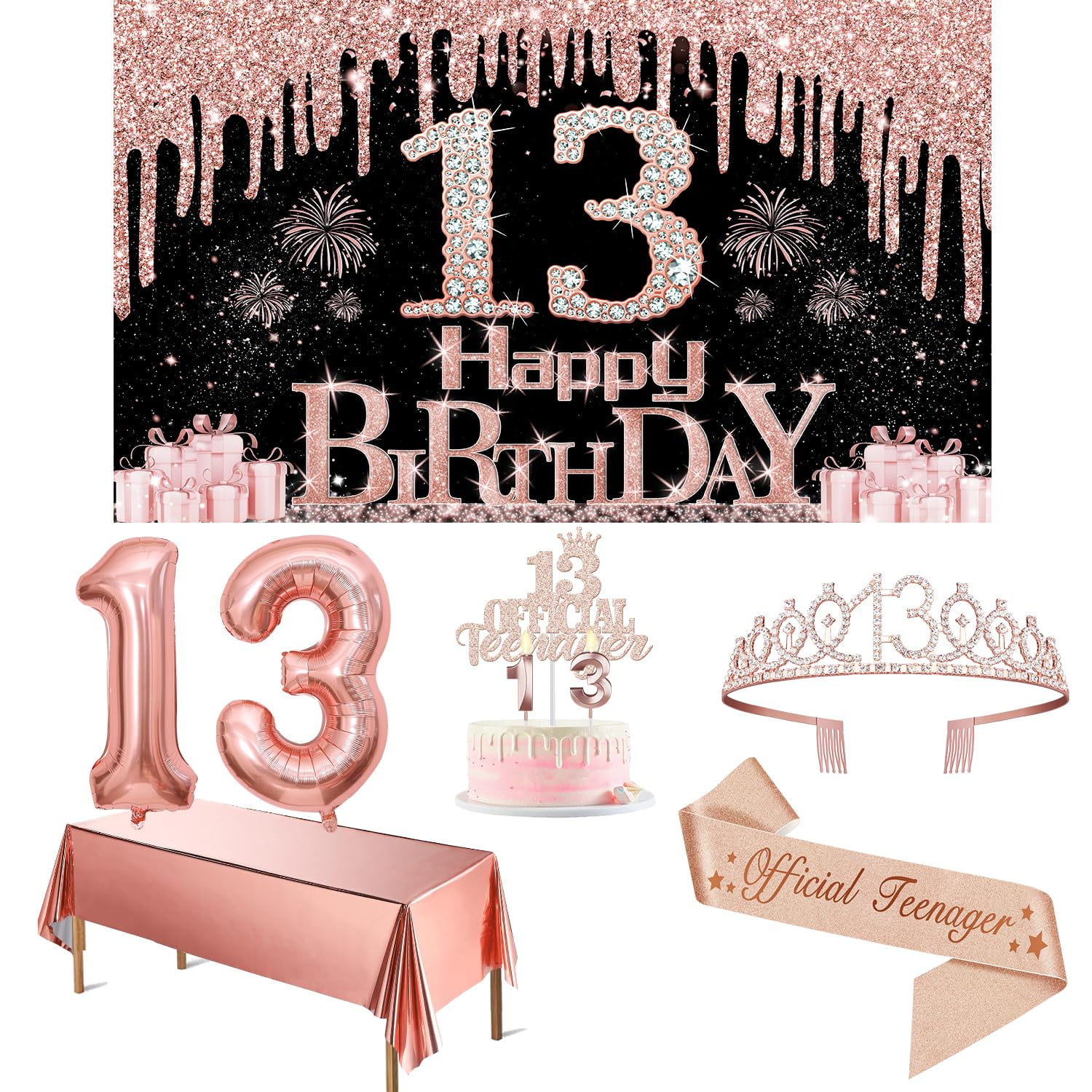 13th Birthday Decorations for DHF10 Girls with Banner, Rose Gold ...