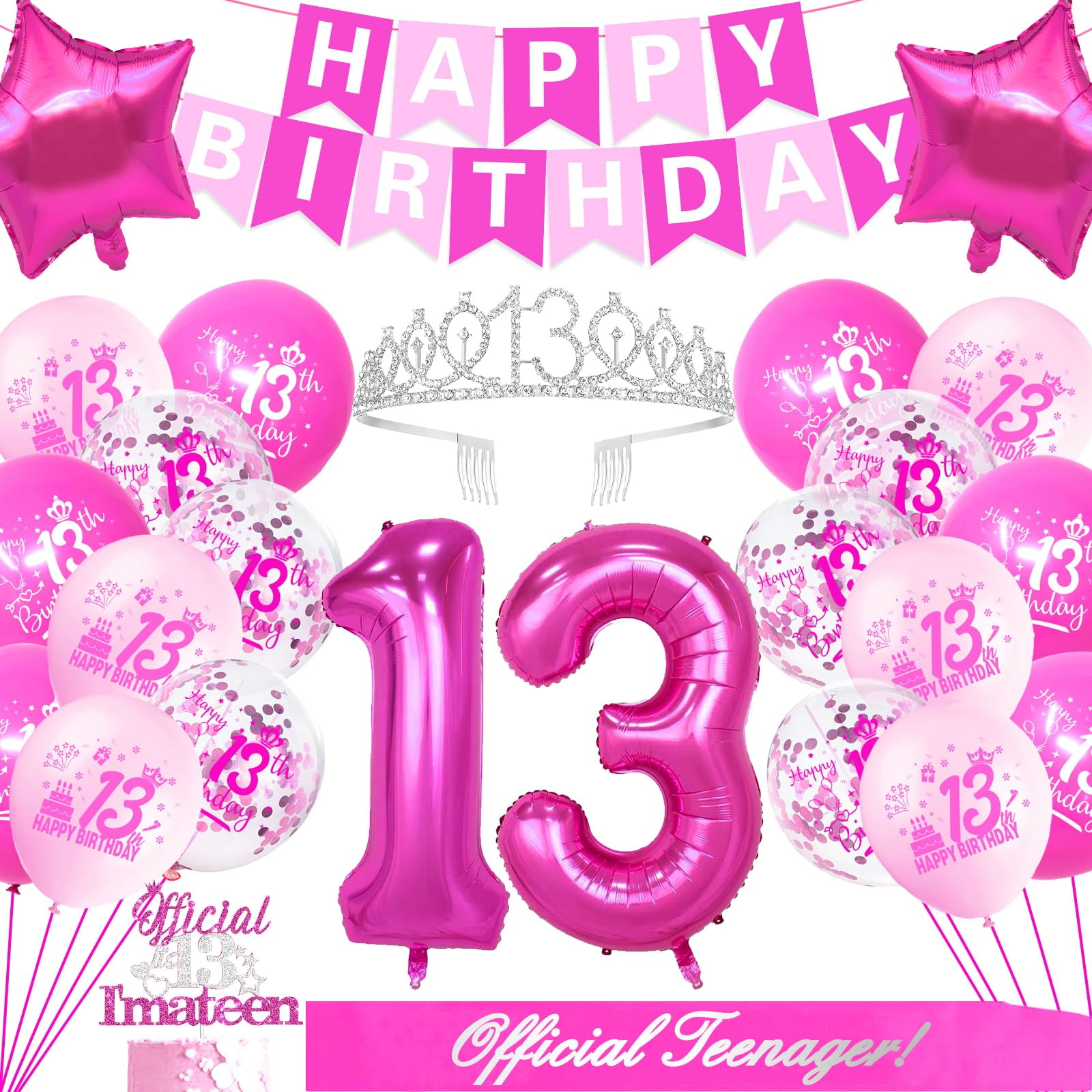 13th Birthday Decorations FEV6 for Girls, Hot Pink Glitter Teenager ...