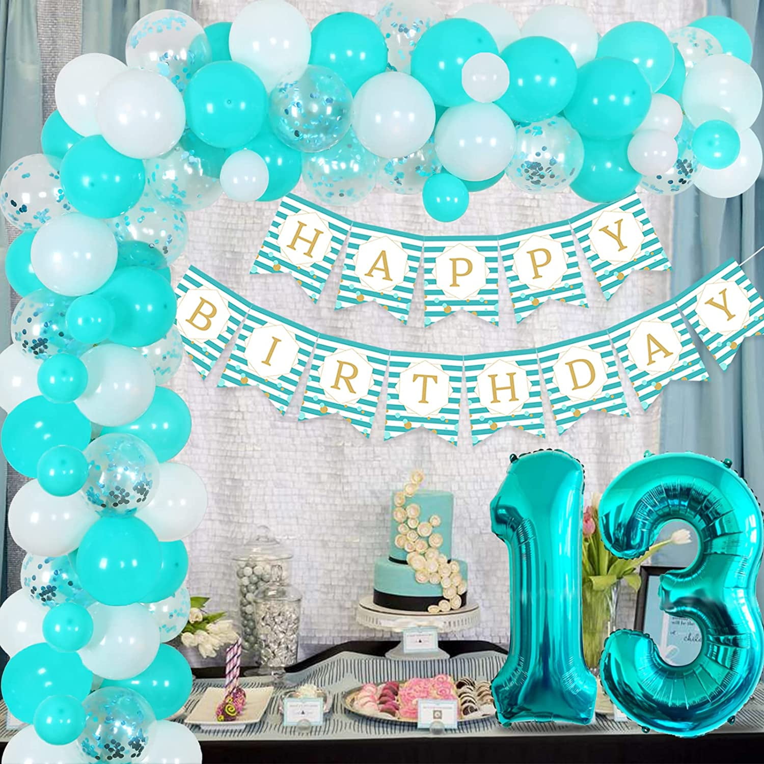 13th Birthday Party Decorations for Girls Teal Blue and White Balloon ...