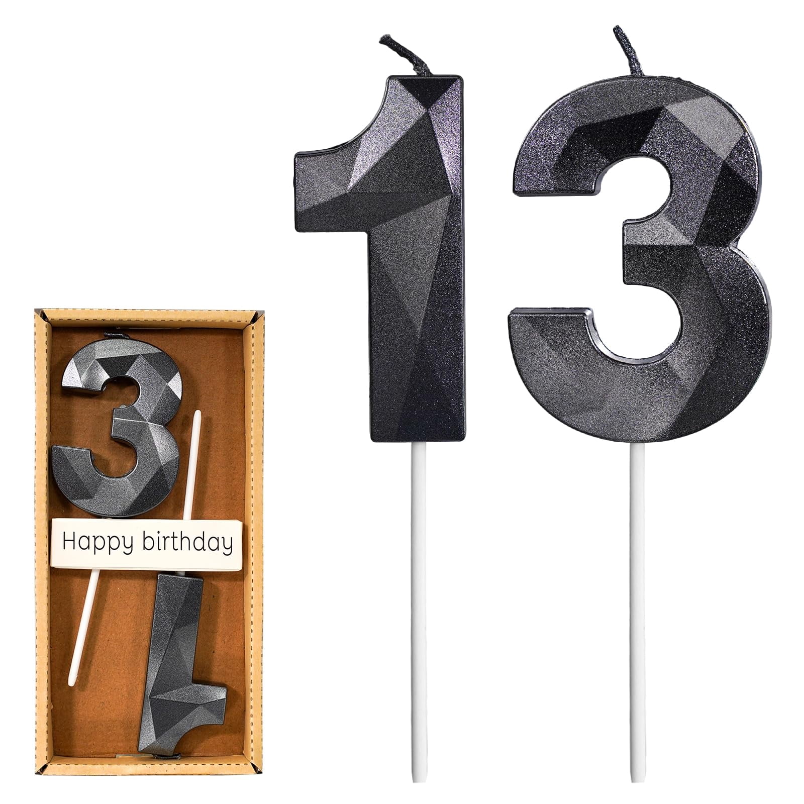 13th Black Birthday Candles, Number 13 Glitter 3D Diamond Designs Cake ...