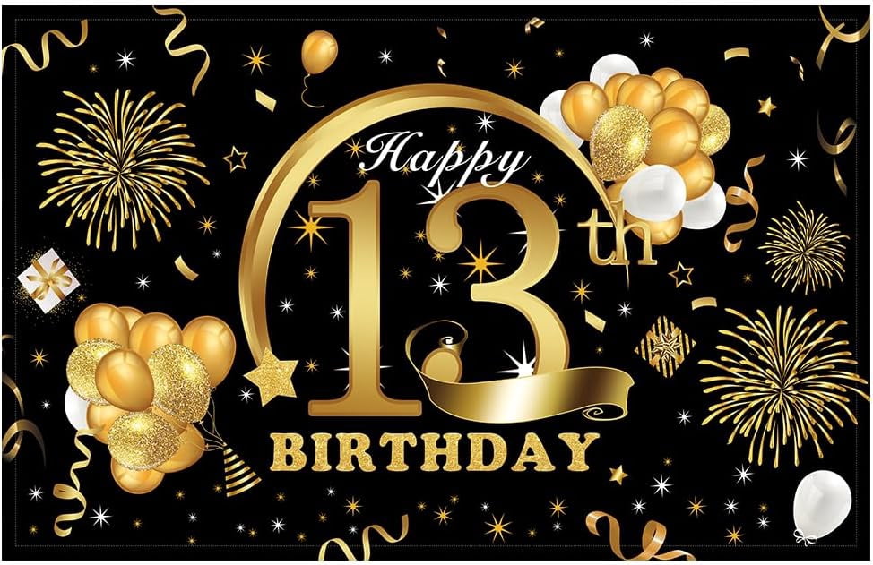 13th Black Gold Happy Birthday Banner - Party Backdrop Sign for Women ...