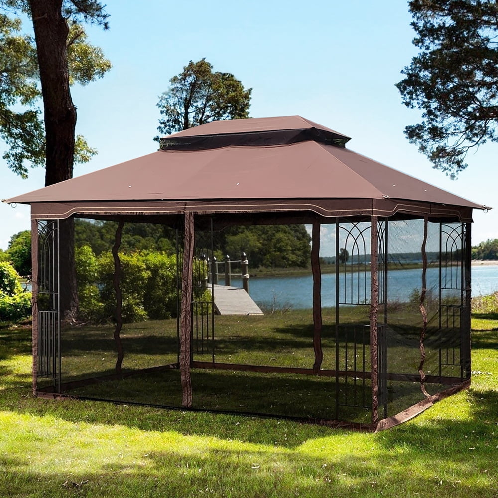 13x10 Outdoor Patio Gazebo Canopy Tent - Brown Top, Ventilated Double ...