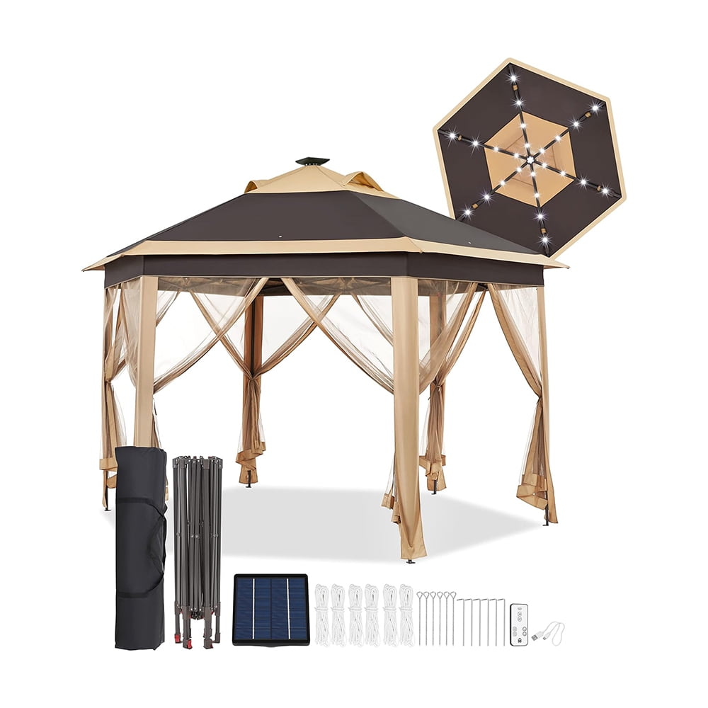 13x13 Pop Up Patio Gazebo with Mesh Side Panels, 25 Solar Powered LED ...
