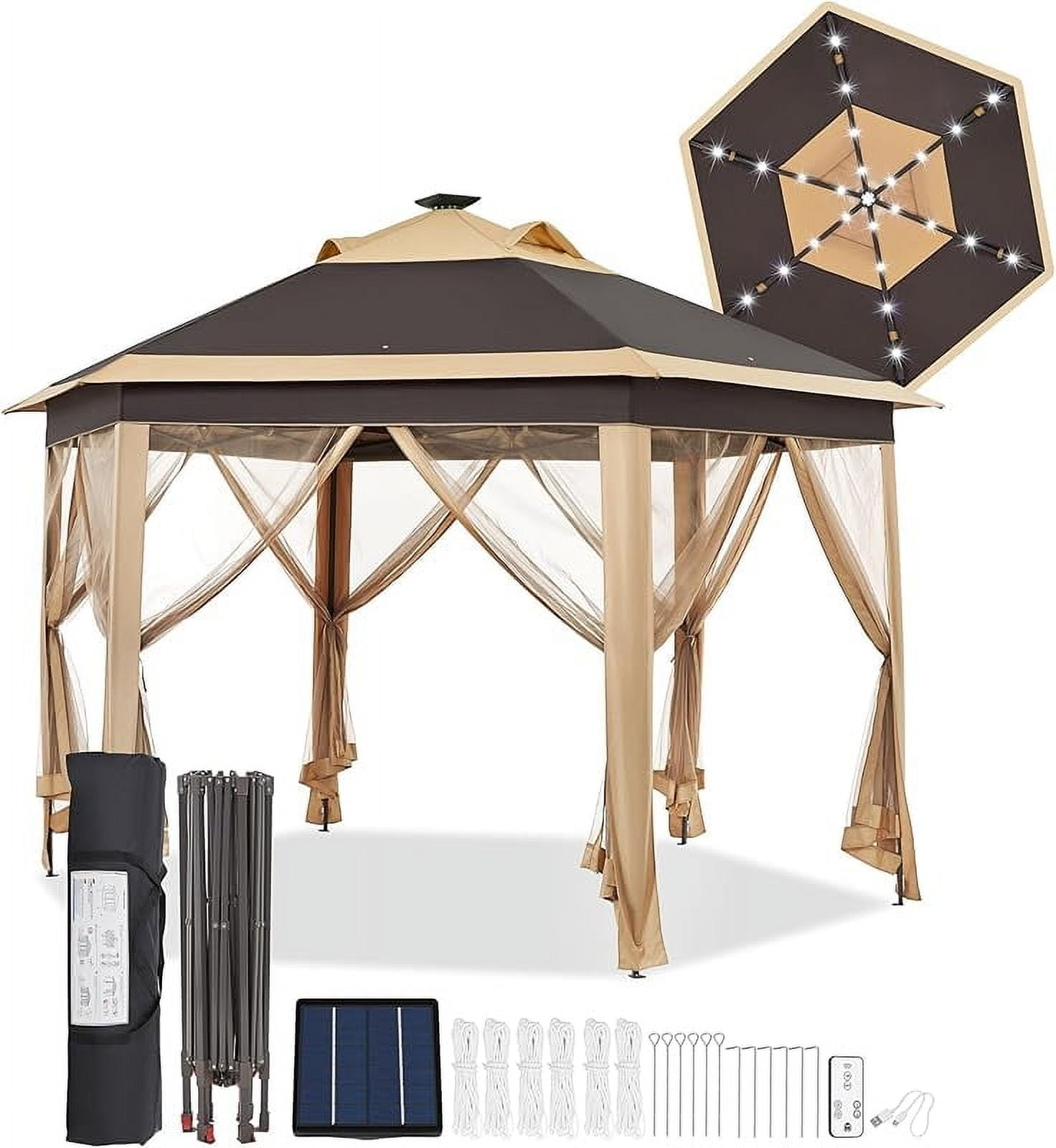 13x13 Pop-up Patio Gazebo Tent W/Mesh Netting Sides & 25 Solar LED ...