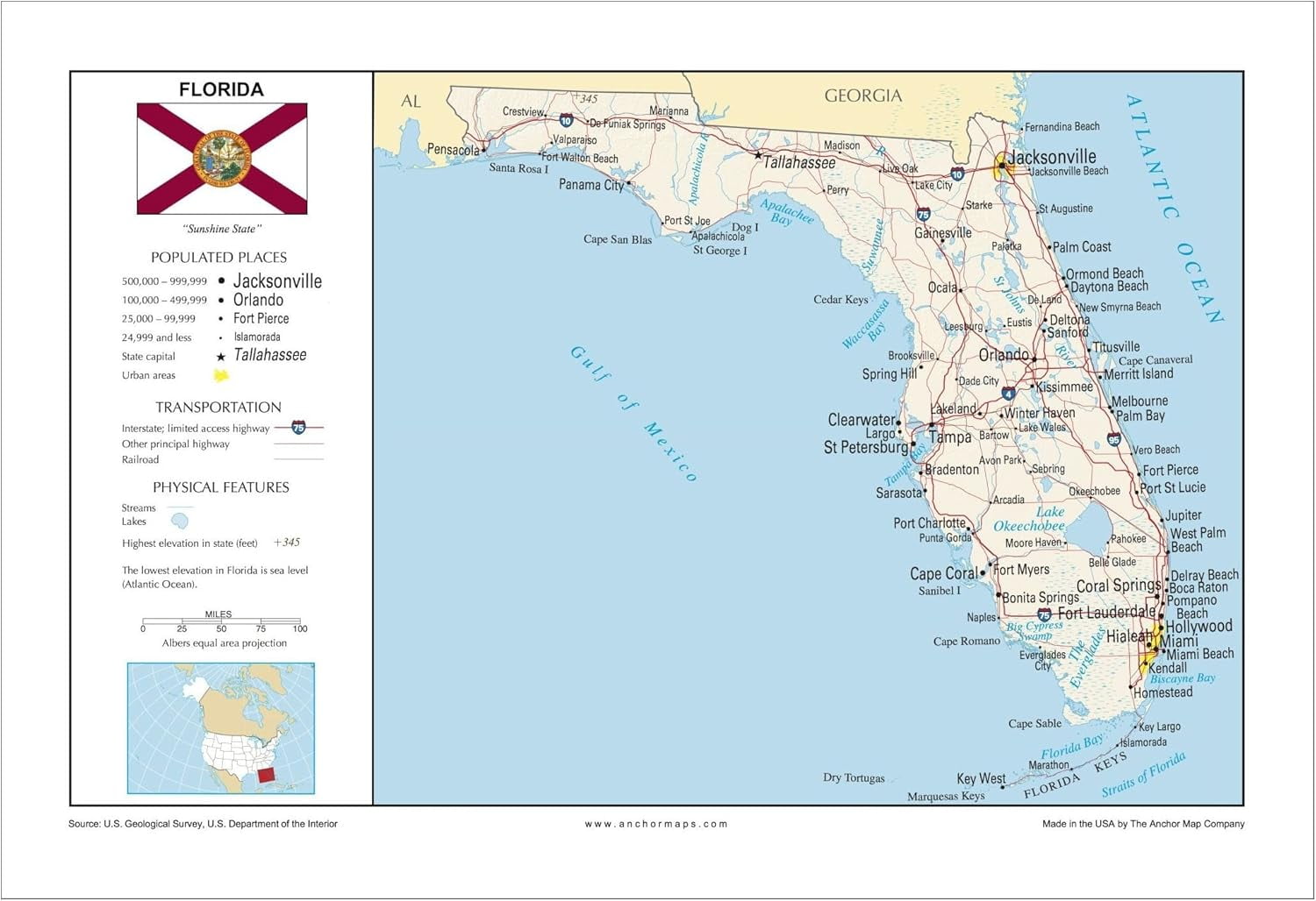 13x19 Florida General Reference Wall Map - Anchor Maps USA Foundational ...