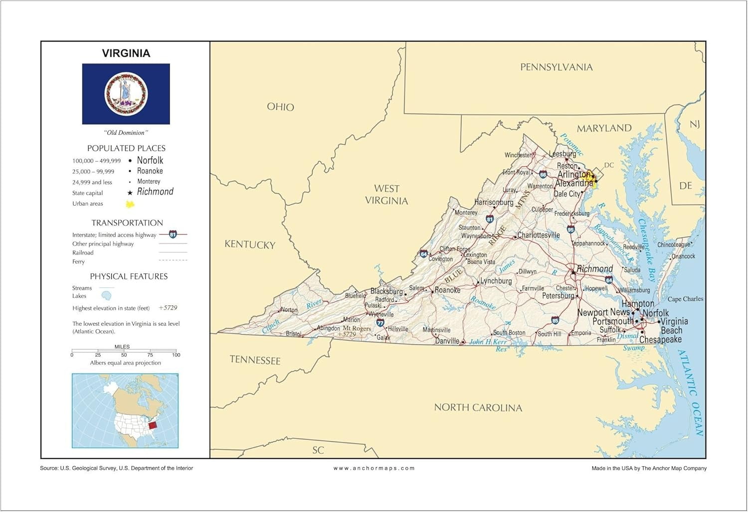 13x19 Virginia General Reference Wall Map - Anchor Maps USA ...