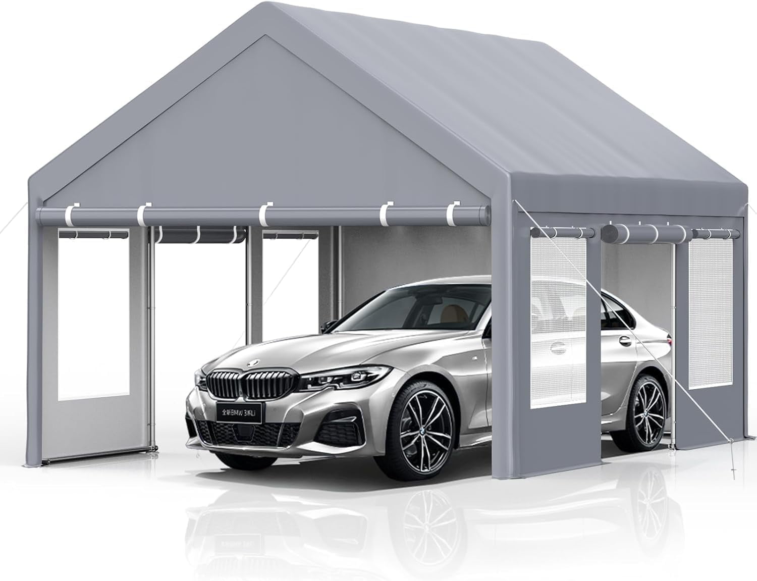13x20ft Galv. Steel Carport w/PE Fabric, 4 Roll-Up Doors & Mesh Vents ...