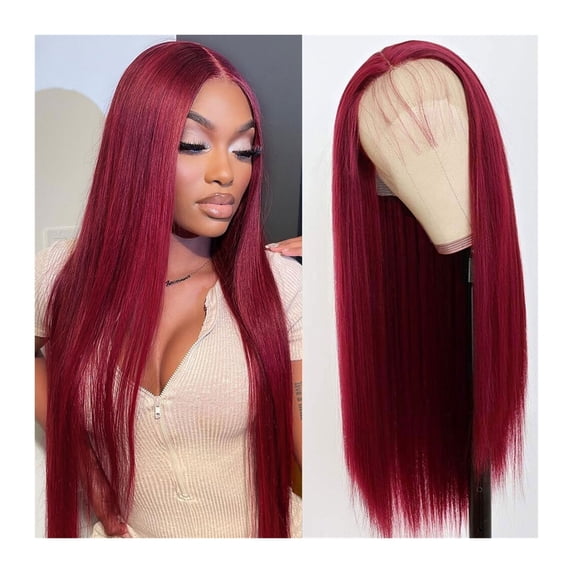 13x3 Burgundy Red Synthetic Lace Front Wig Straight Hair Lace Wigs ...
