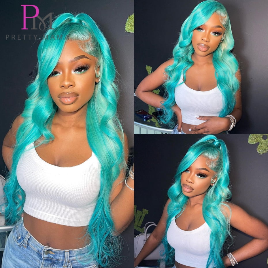 13x6 Cyan Blue Lace Front Wig Body Wave Light Green Lace Front Wig ...