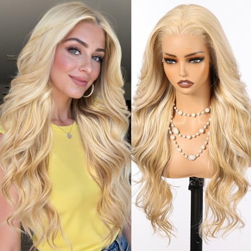 13x6 Glueless Lace Front Wavy Wig, 26 Inch Lace Synthetic Wigs for ...