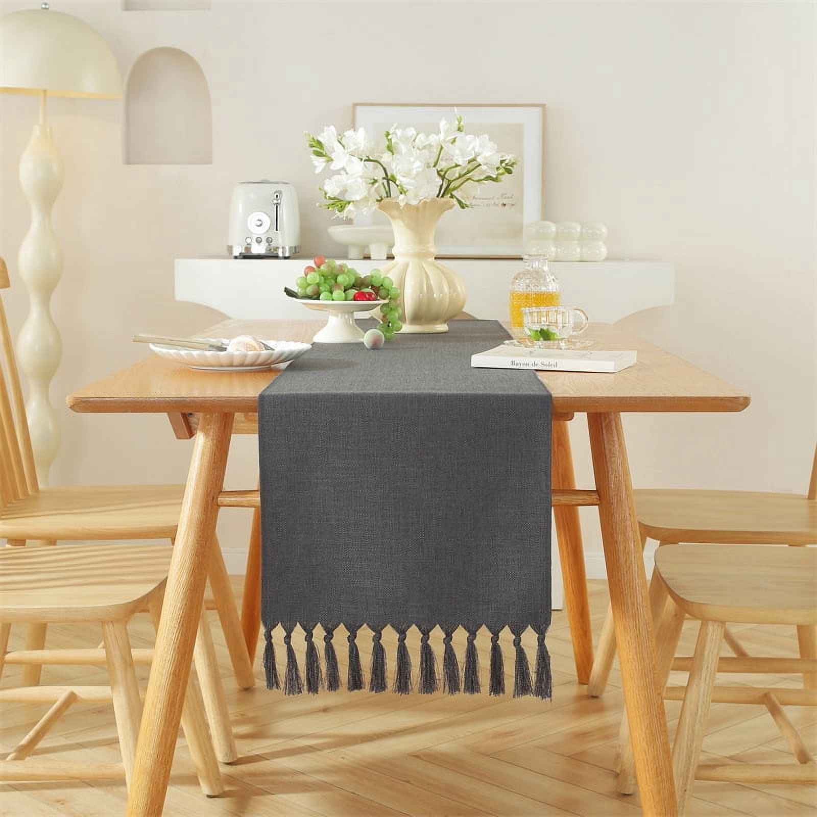 13x72" Graphite Grey Tassel Table Runner Linen Blend Farmhouse Table ...