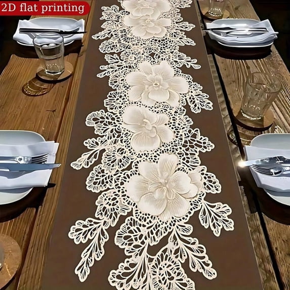 13x72 In Beige Floral Lace Table Runner On Brown Background | Polyester ...