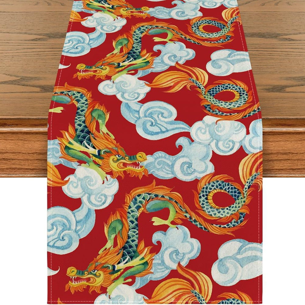 13x72 Inch Chinese Zodiac Dragon Table Runner Happy New Year Kitchen ...