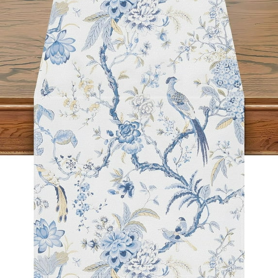 13x72 Inch Table Runner Blue White Bird Flower Chinoiserie Table ...