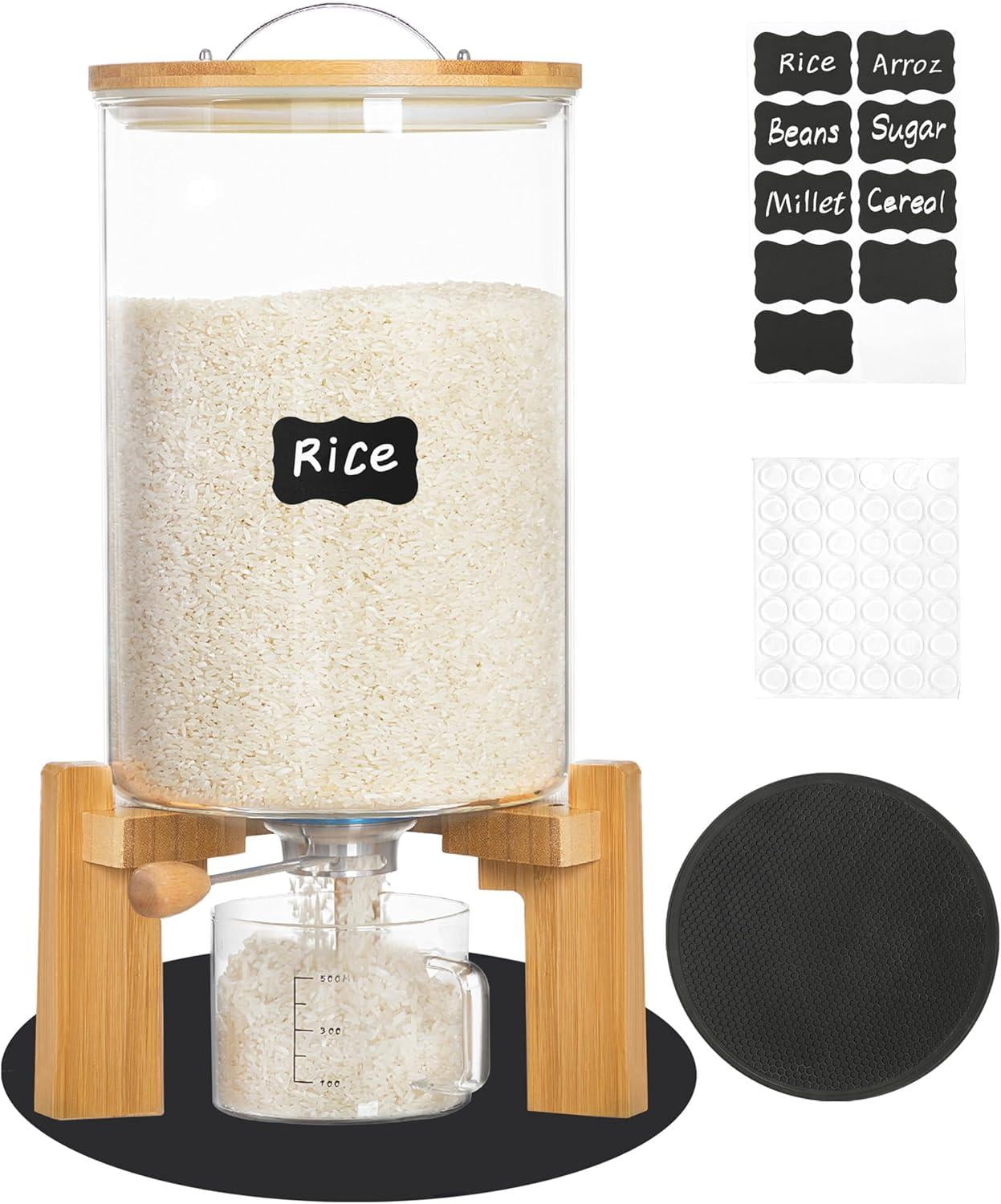 14-16 lbs Glass Rice Dispenser with Wooden Stand Flour and Cereal ...