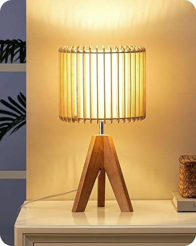 14.17" Small Table Lamp, Wood Tripod Bedside Lamp, Natural Wood-Colored ...