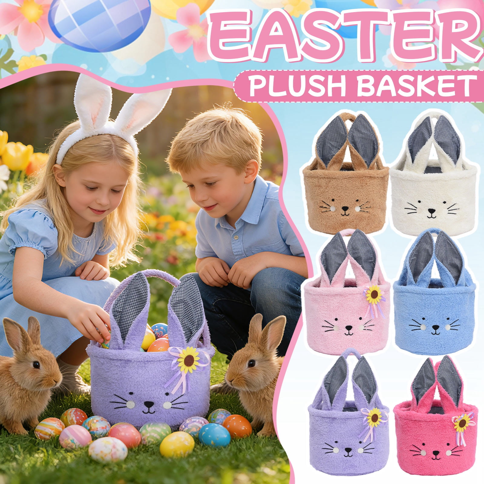14.17Inch Easter Bunny Basket Egg Buckets, Cute Plush Tote Bags Egg ...