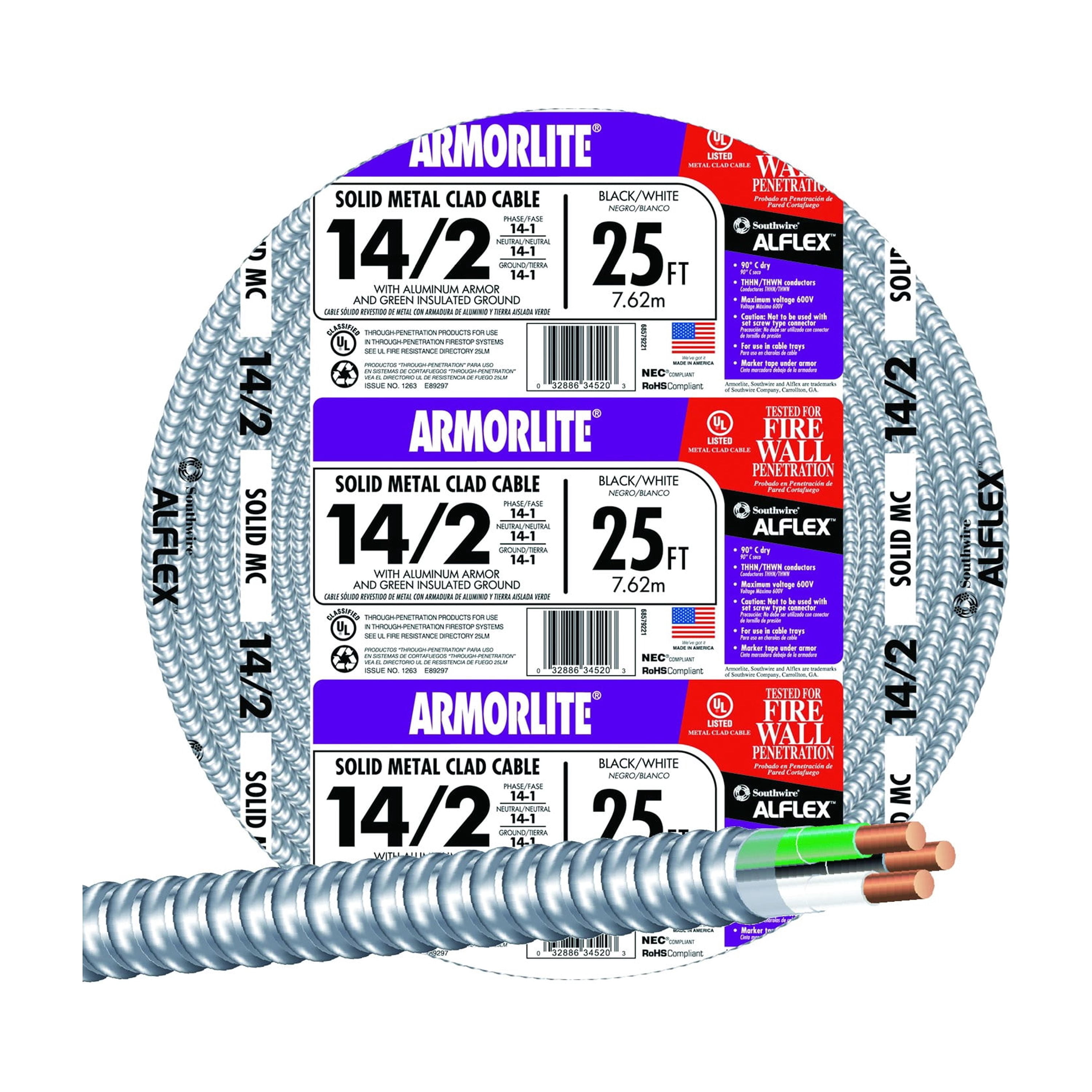 14/2 Aluminum Armored Cable Electrical Wire - Pack of 2 - Walmart.com