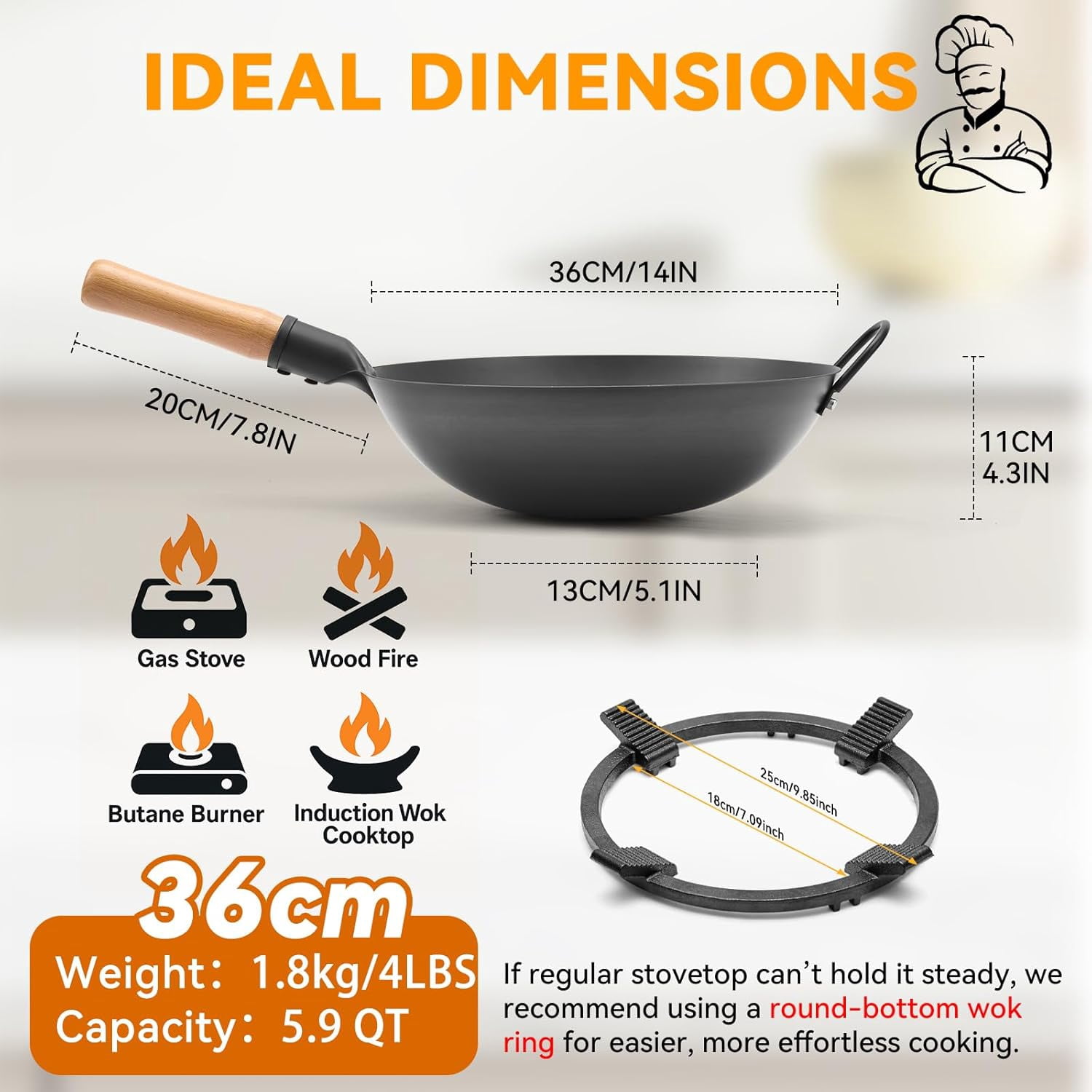 14.2 Inch Round-Bottom Iron Wok and Cast Iron Wok Ring for Gas Stove ...