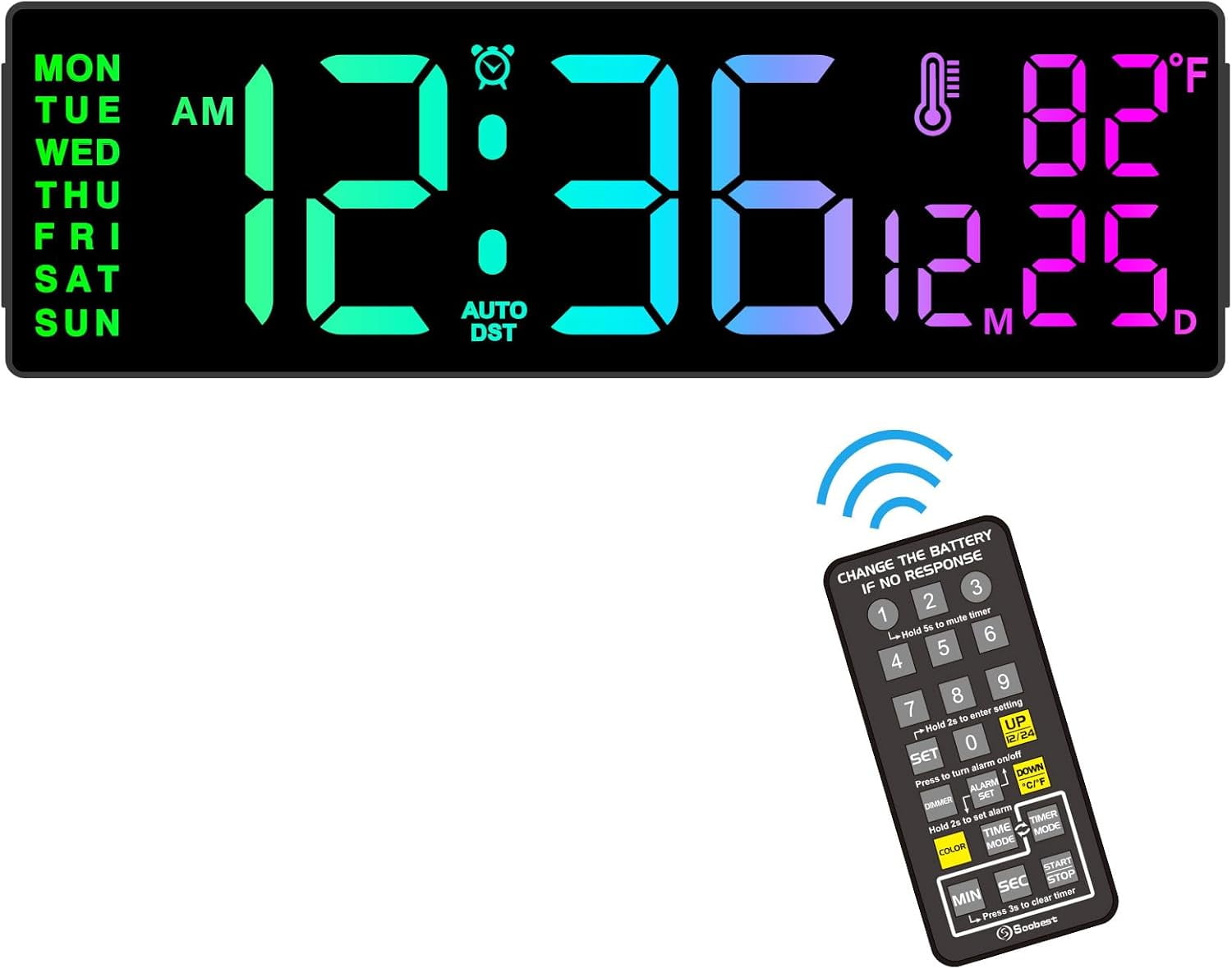 14.2" Large Remote Digital Wall Clock with Timer for Living Room Home ...