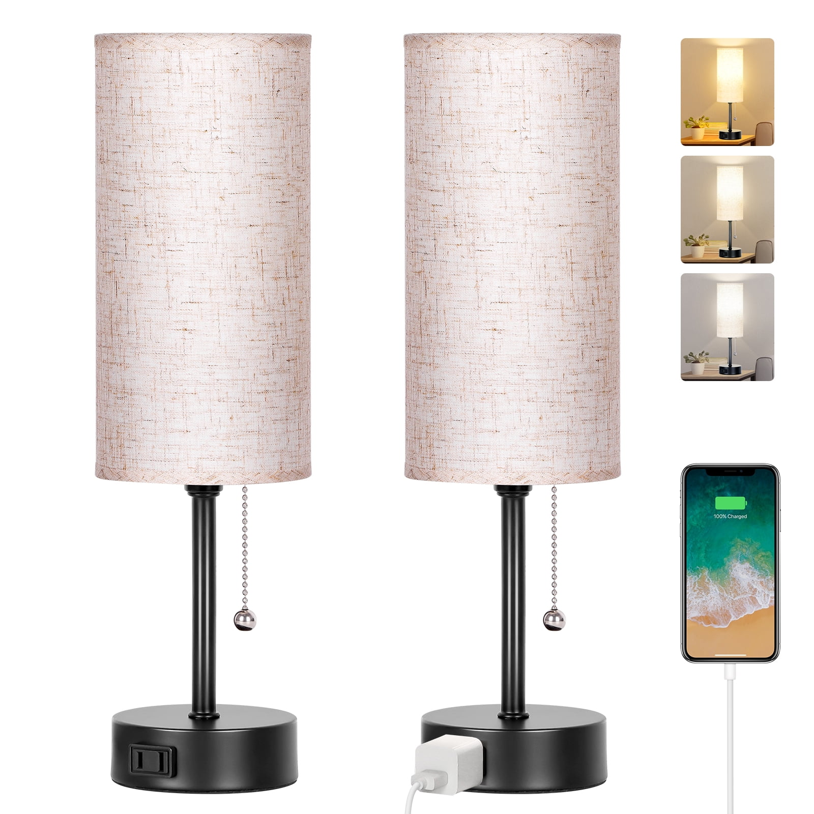 "AVV Modern Bed Light - 14.2"" Set of 2 Table Lamps with AC Outlet for ...