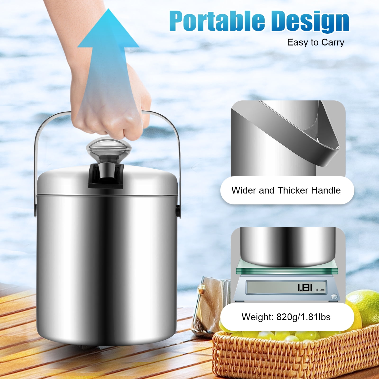 14*22.5cm Double-layer Stainless Steel Insulated Ice Bucket 1.3L Ice ...