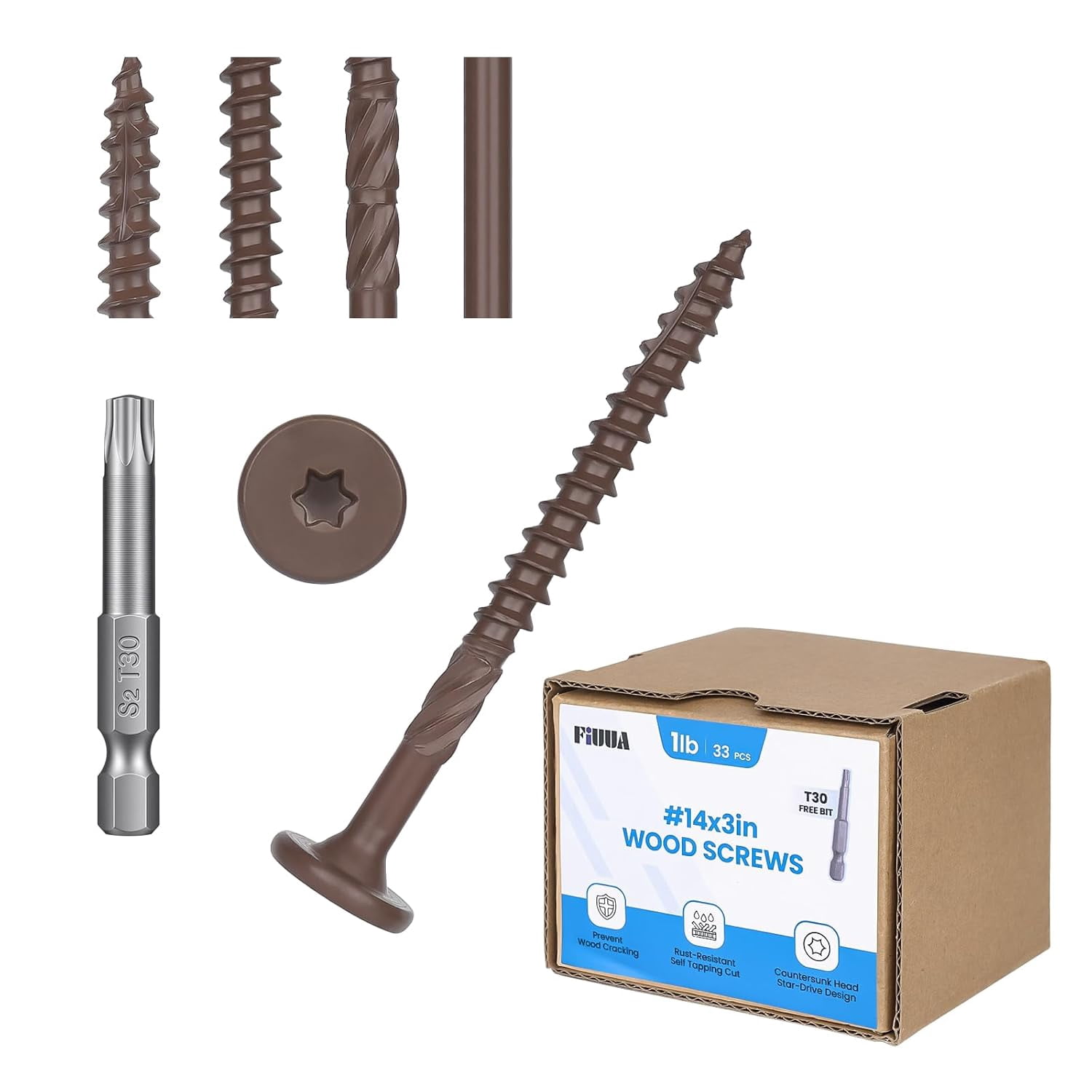 #14 * 3 Heavy-Duty Wood Screws（33Pcs/1LB, Star Drive Deck Screws, Rust ...
