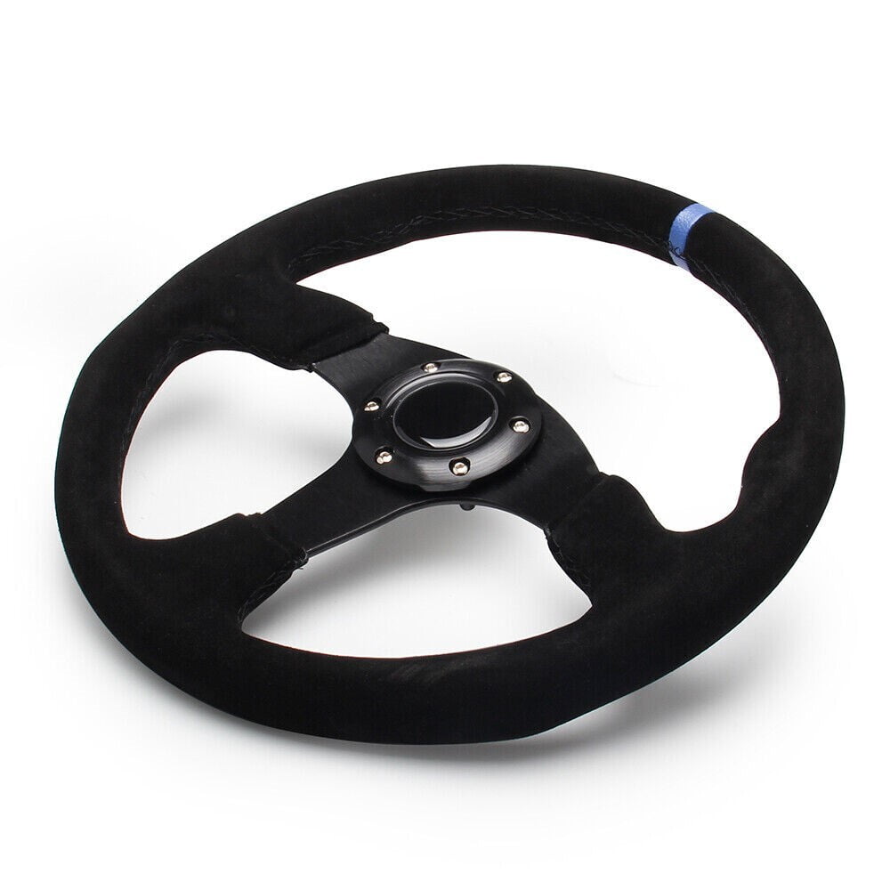 14" 350mm Racing Steering Wheel Universal Suede Leather Blue Strip Flat ...