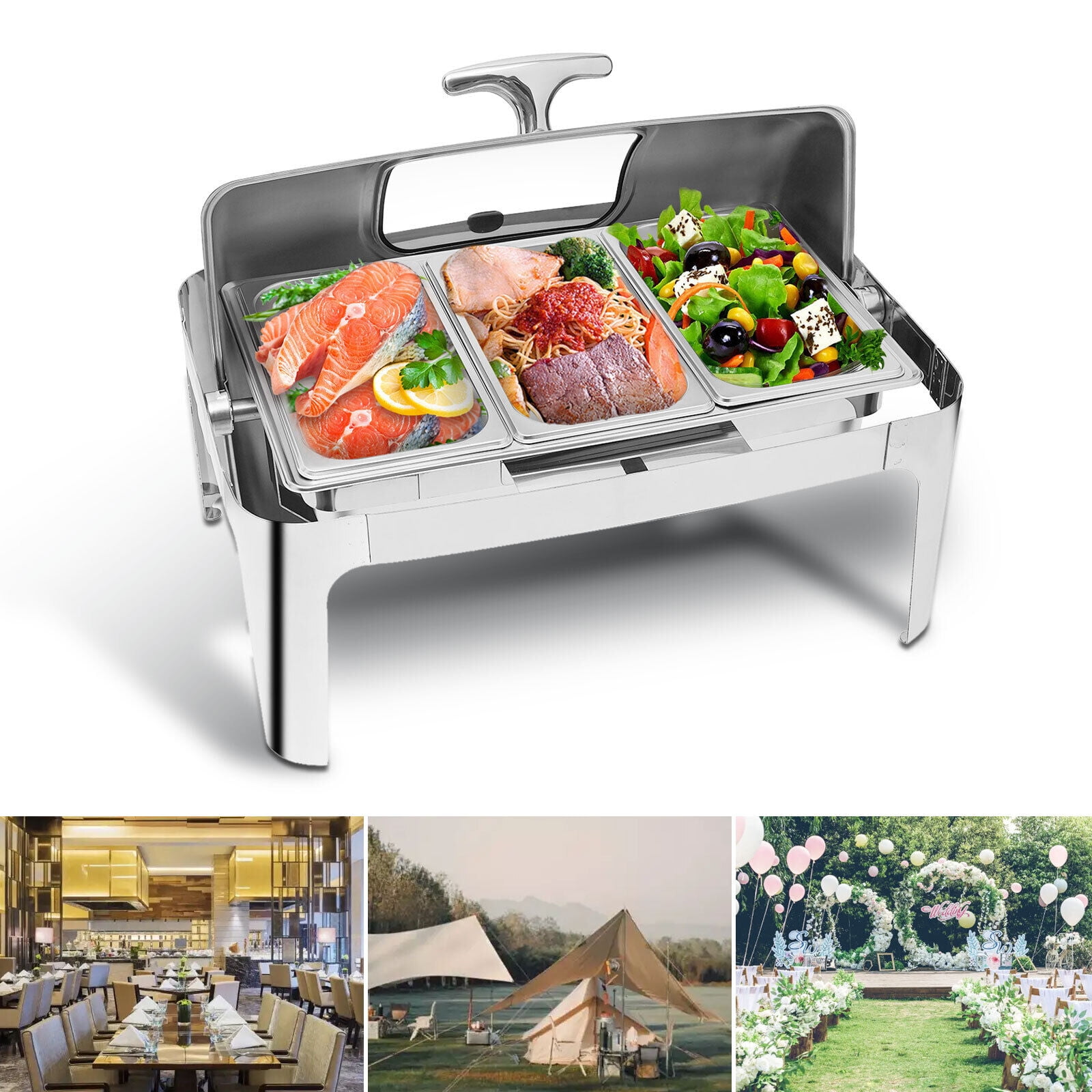 14.3QT Stainless Steel Buffet Chafer Roll Top Chafing Dish Heating Tray ...
