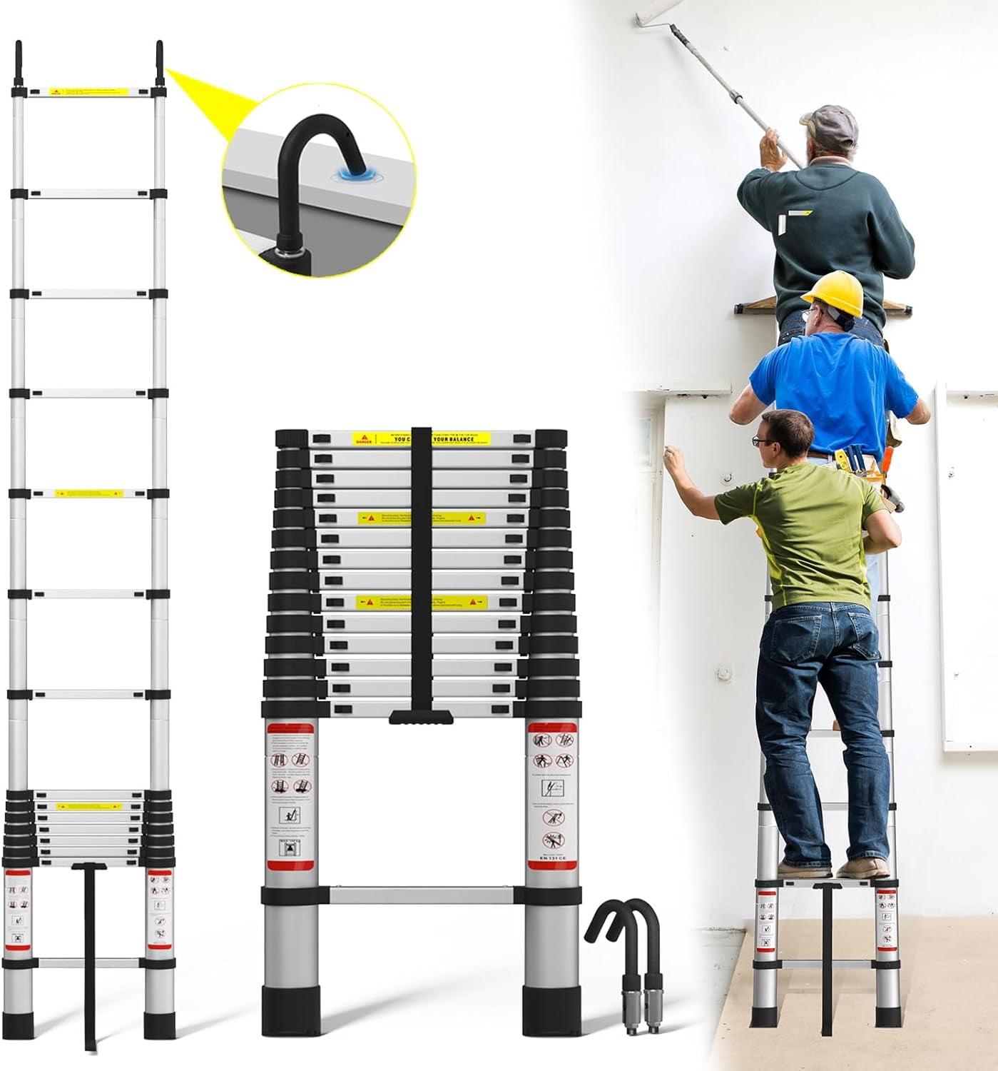 14.4FT Telescoping Ladder, 4.4m Aluminum Extension Ladder with 2 ...