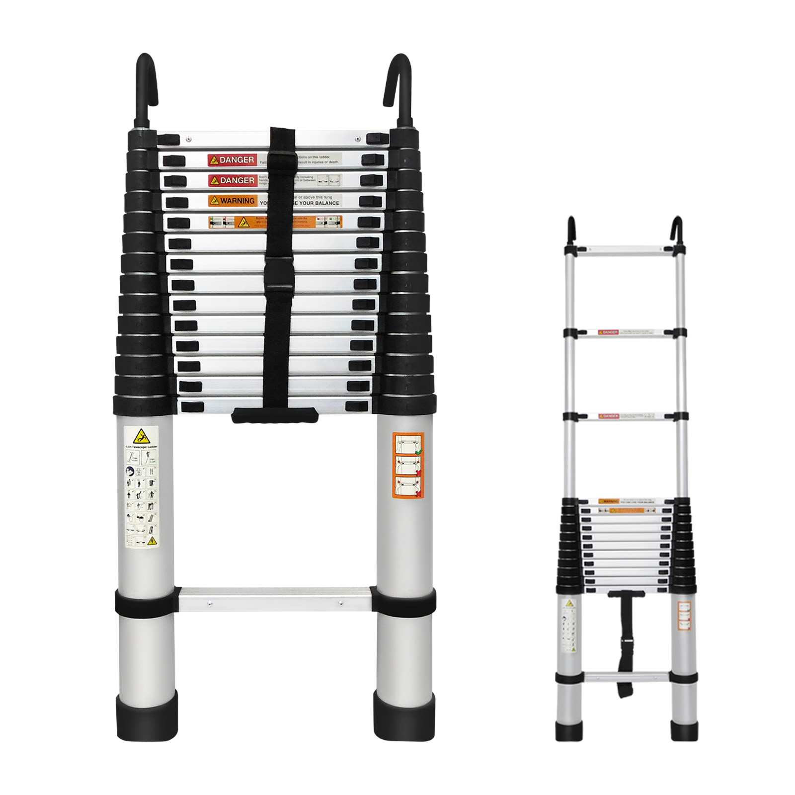 14.4ft Extension Ladder with 2 Detachable Hooks, Aluminum Telescoping ...
