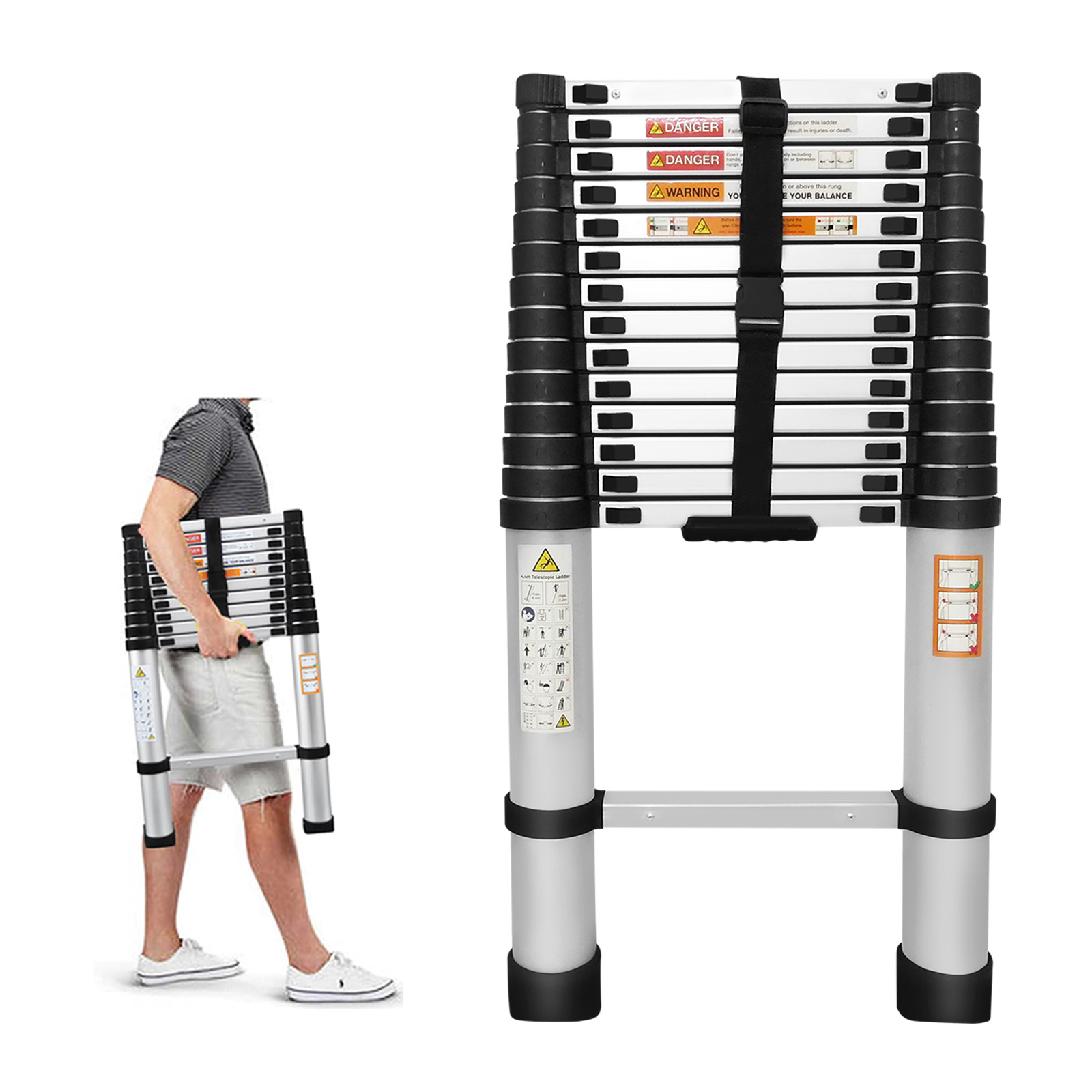 14.4ft Extension Ladder Aluminum Telescoping Step Ladder Adjustable ...