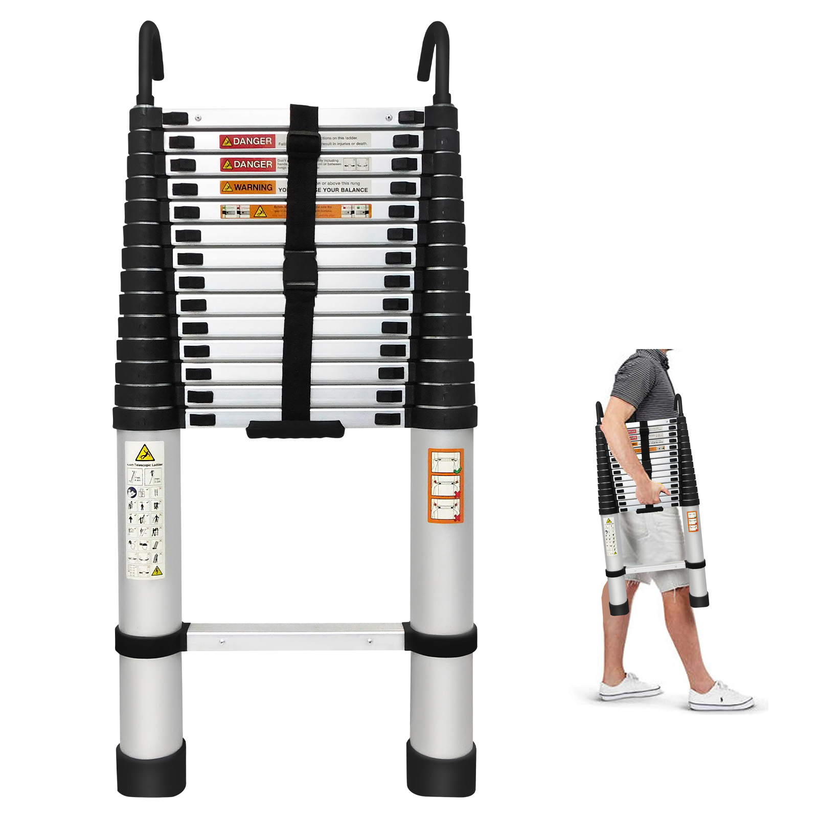 14.4ft Telescoping Ladder with 2 Detachable Hooks, Aluminum Extension ...