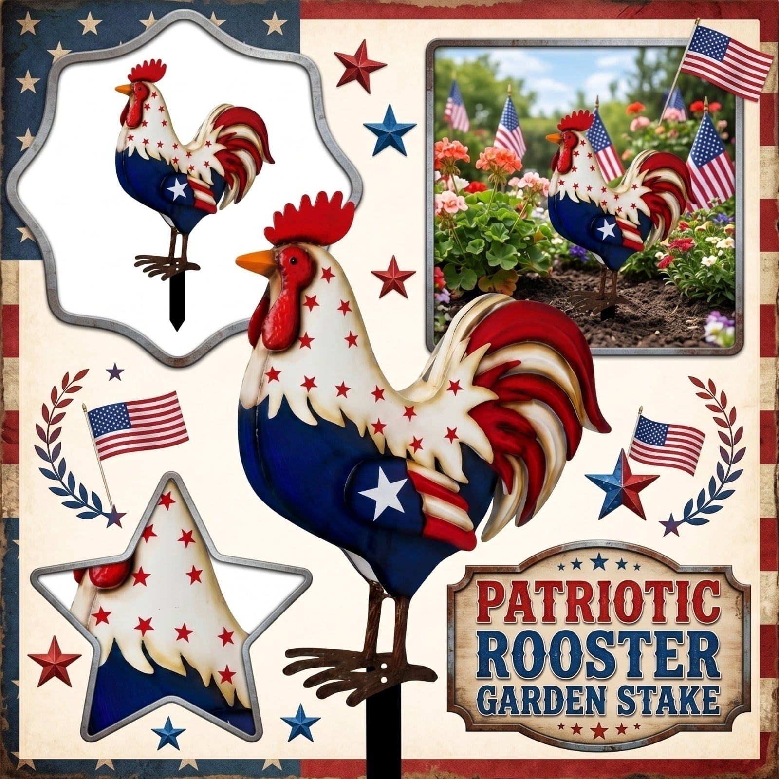 14.4in Iron Chicken Yard Art, Patriotic Metal Rooster Statue for 4th of ...