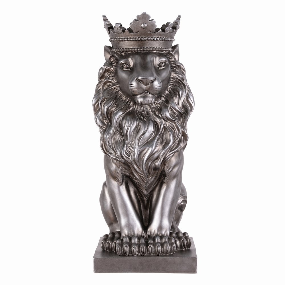 Hi-Line Gift Ltd. 14.5" H Sitting Lion W/Crown Silver Color Resin ...