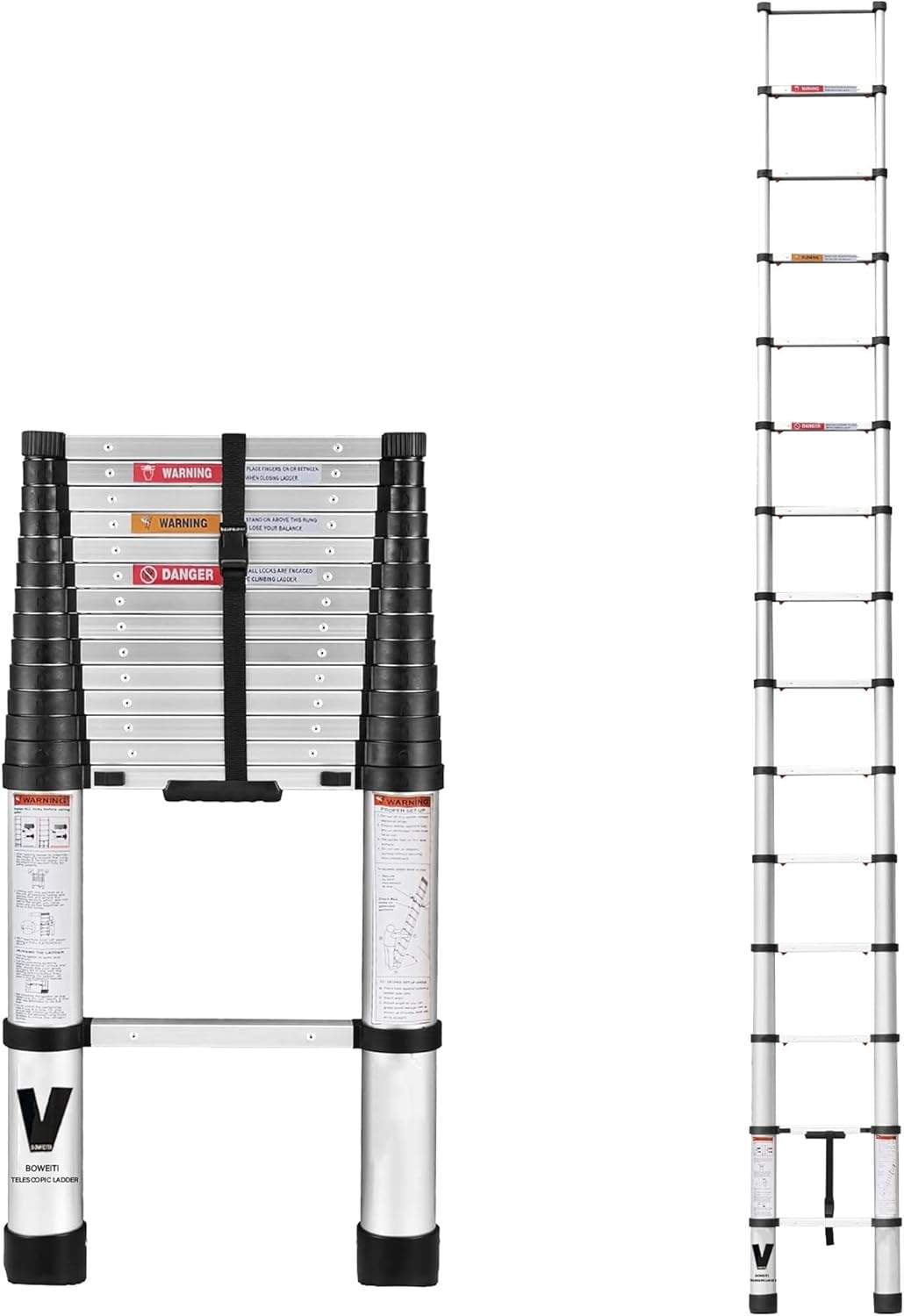 14.5 ft Aluminum Telescoping Extension Ladder with One-Button Slow ...