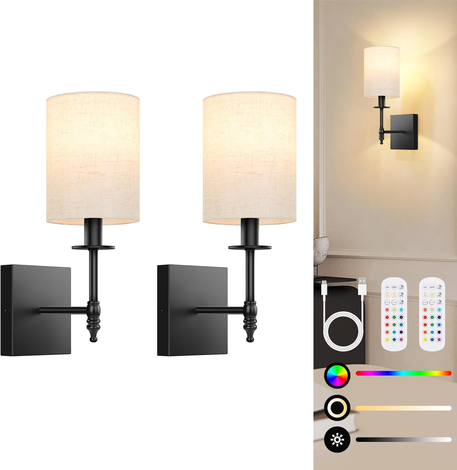 14.5 inch Operated Wall Sconces Set of 2 with Remote, Wall Lights with ...