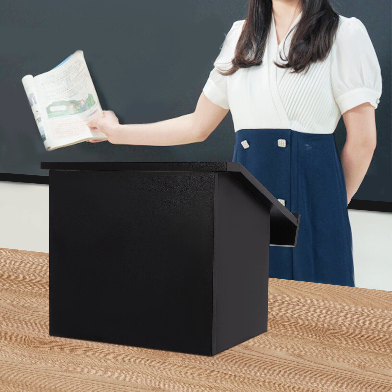 14.57x10.16x12.6in Foldable Tabletop Platform Black Wooden Teacher ...