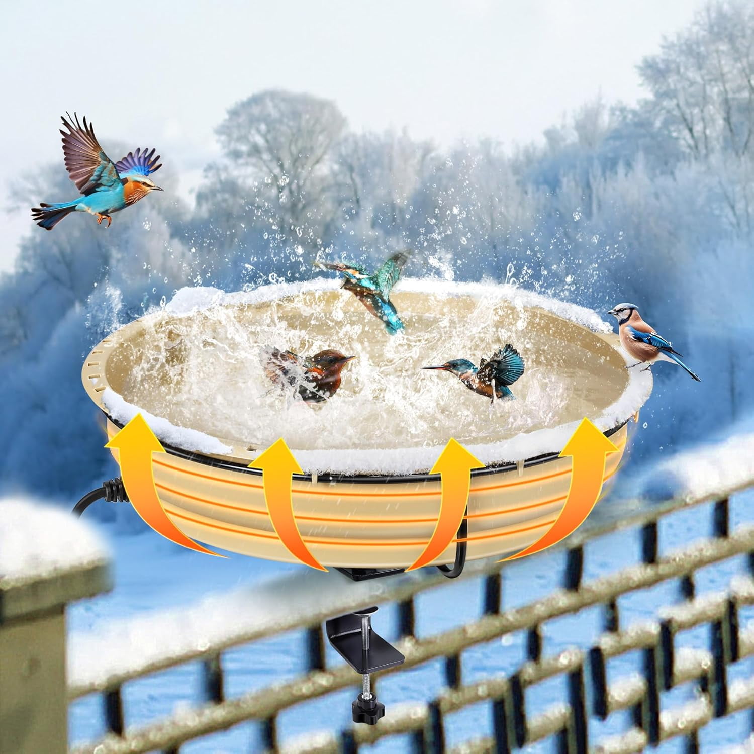 14.7" Large Heated Bird Bath for Outdoors for Winter, 75w Deck Mounted ...