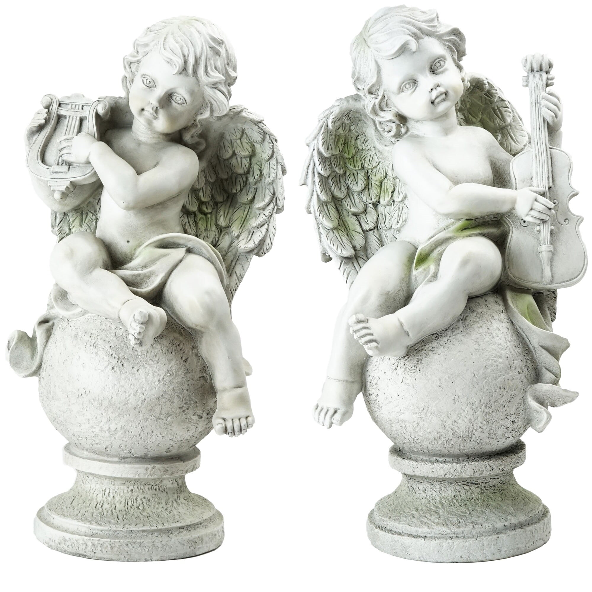 14.75" Set of 2 Cherub Angels with Instruments Outdoor Garden Statues ...
