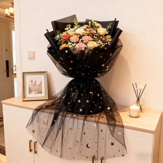 14.76ft / 4.5m L Decorative Mesh Ribbbon Rolls, Moon & Star Pattern ...