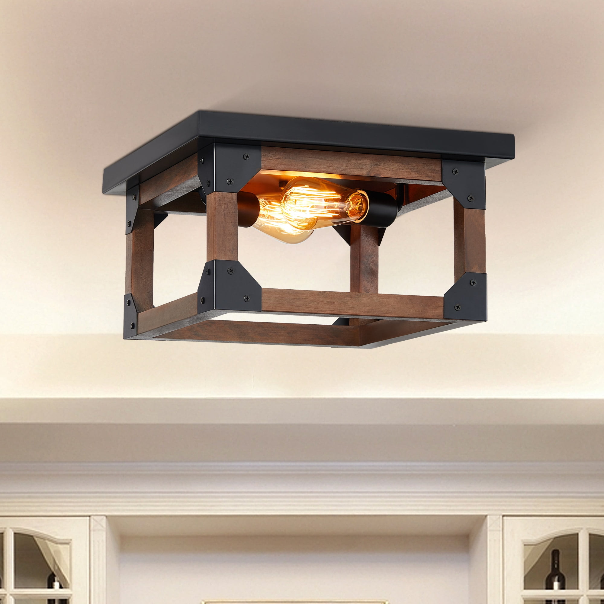 14" by 8" Rectangular 2 Light Flush Mount Ceiling Light Fixture with Open Wooden Frame, Metal ...