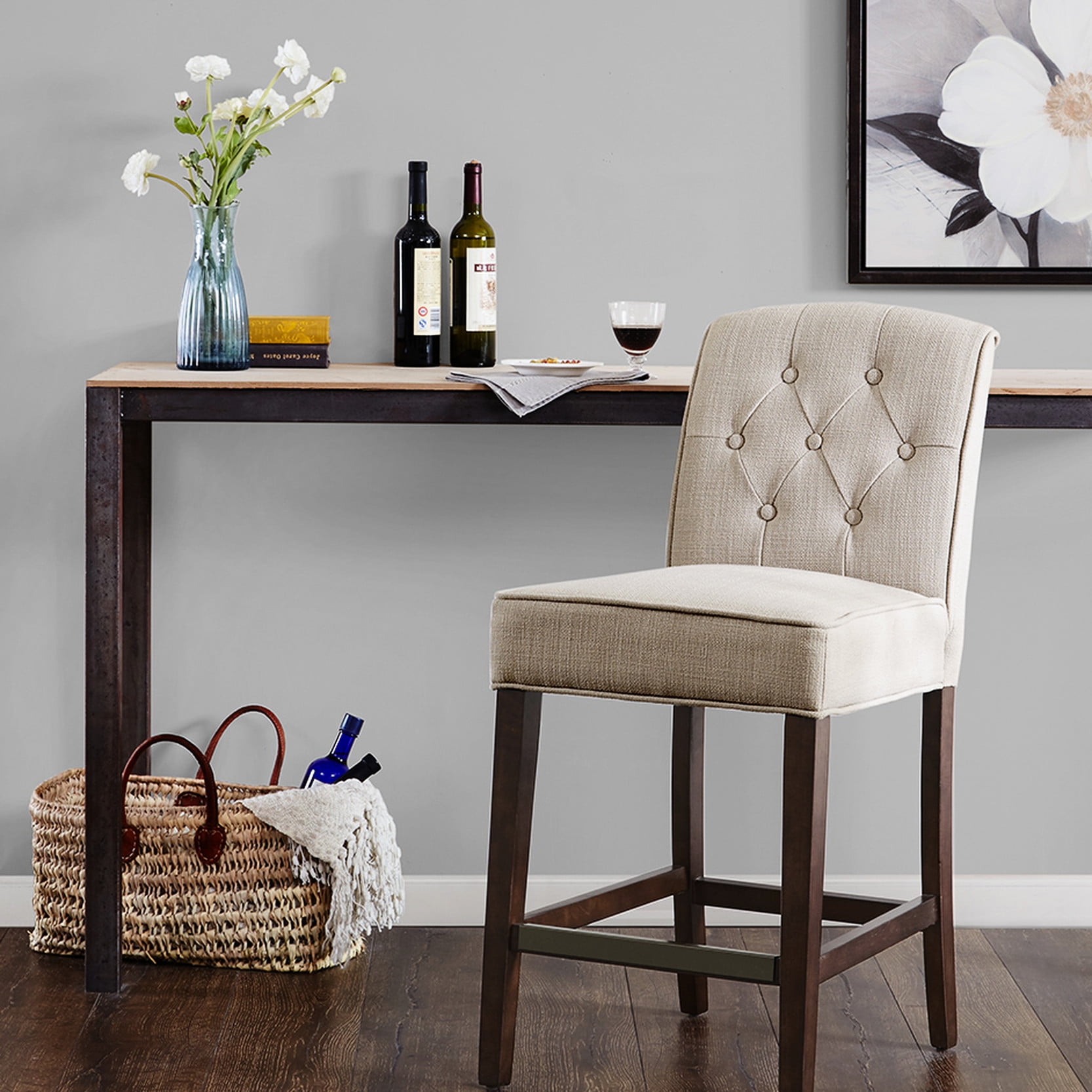 14" Back to Back Leg Distance Tufted Counter Stool | Tan Fabric ...