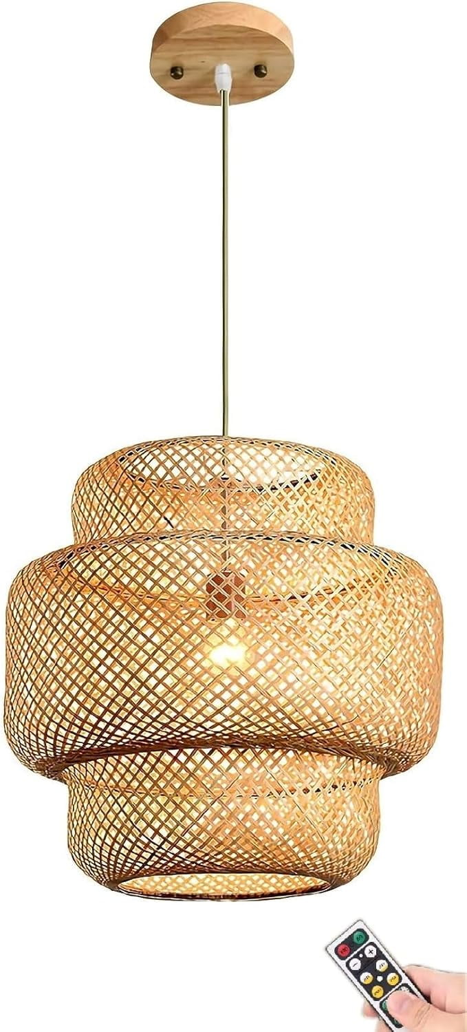 14‘’ Battery Operated Bamboo Pendant Light Fixture with Remote,Non ...